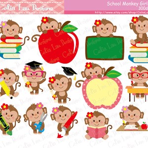 School Monkey Girl Clipart, Cute Back to School Monkey Girl Clipart - Etsy