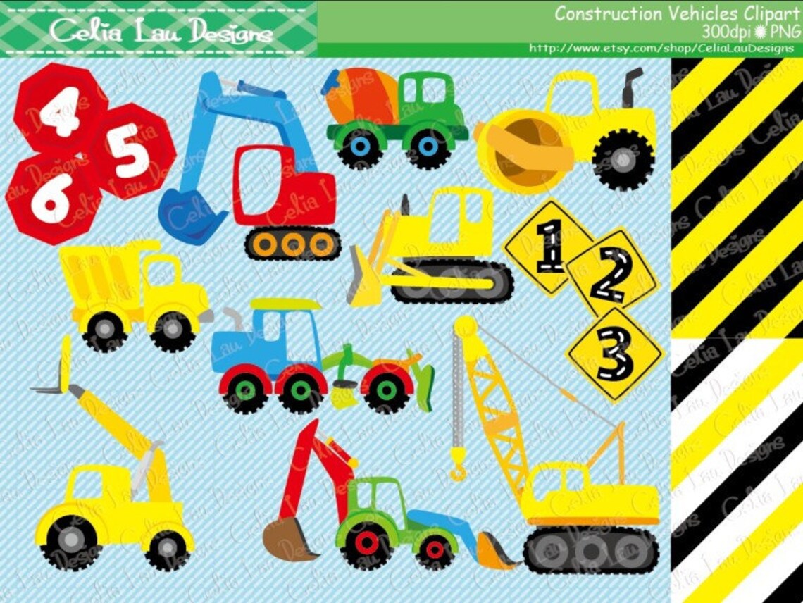 Construction Vehicles Digital Clipart and Background - Etsy