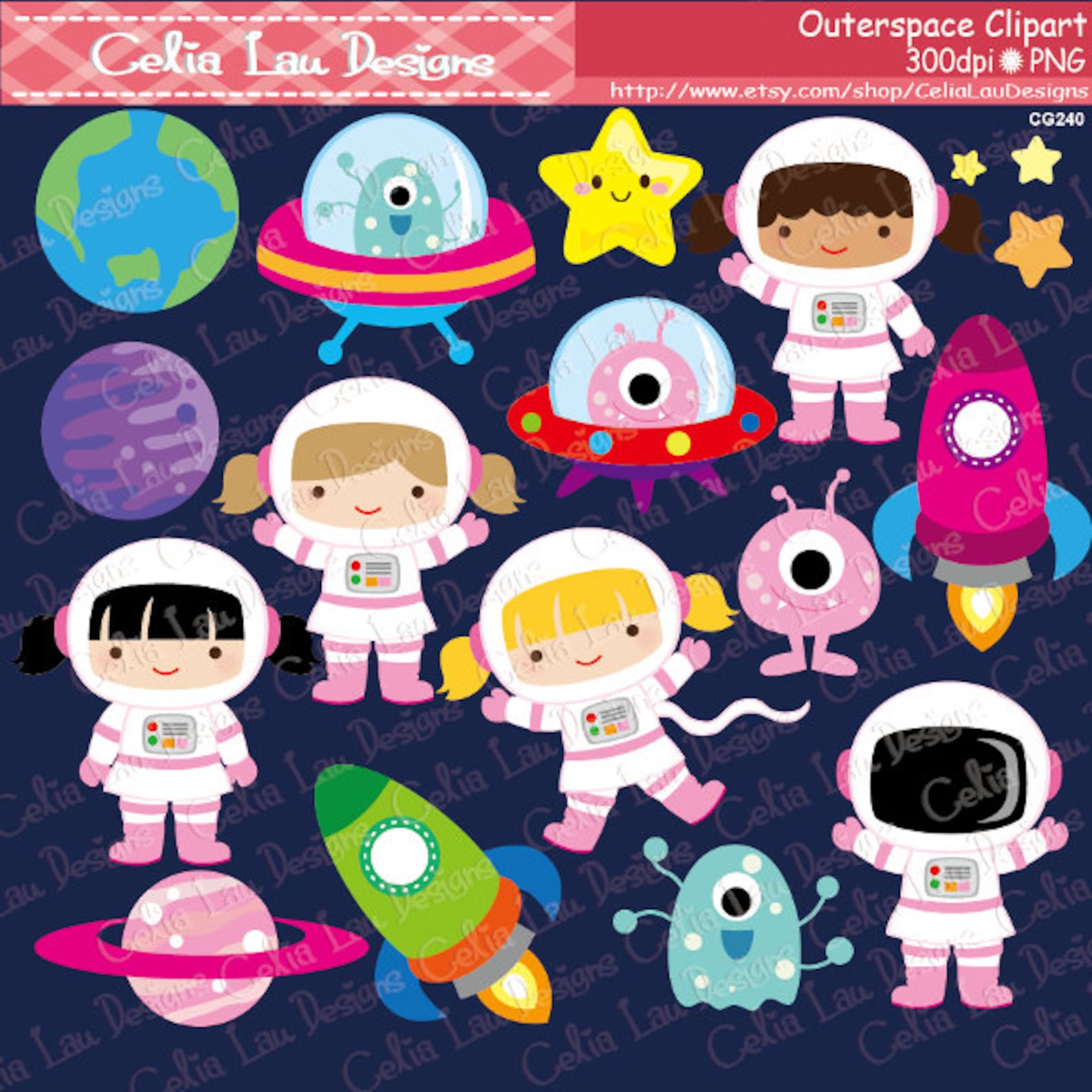 Outer Space Clipart Girl Astronauts Rockets Aliens | Etsy
