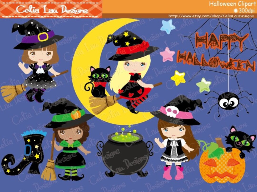Witch Clipart, Black Cat Clipart, Happy Little Witches, Halloween ...