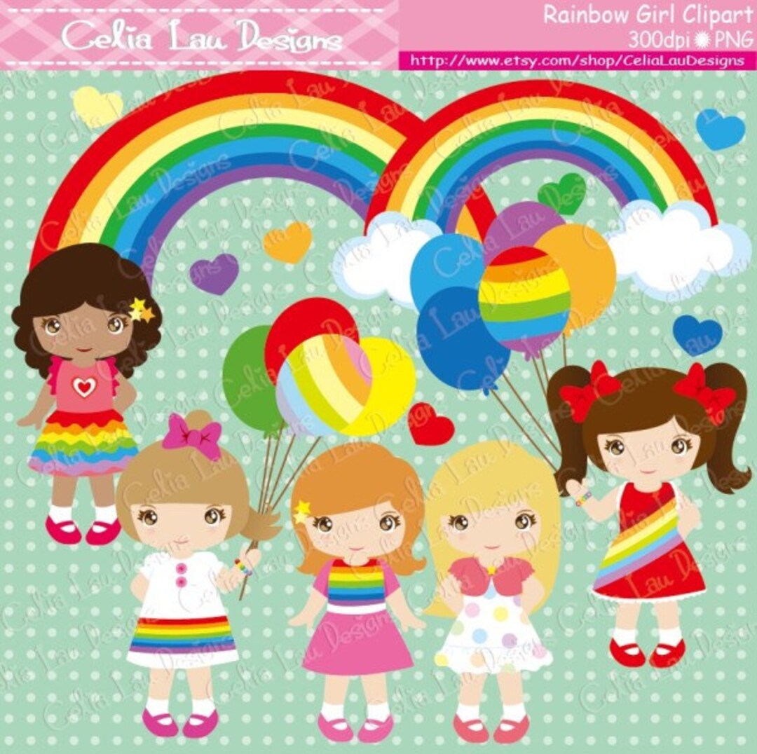 Rainbow Girl Clipart/ Cute Girl and Rainbow Clipart / Balloon Clip Art ...