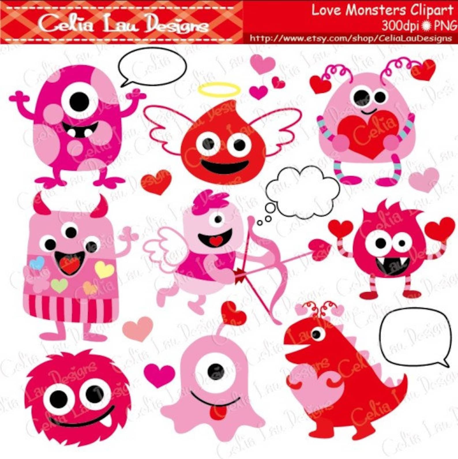 Valentine Monsters Clipart Love Monsters Clip Art CG123 / | Etsy