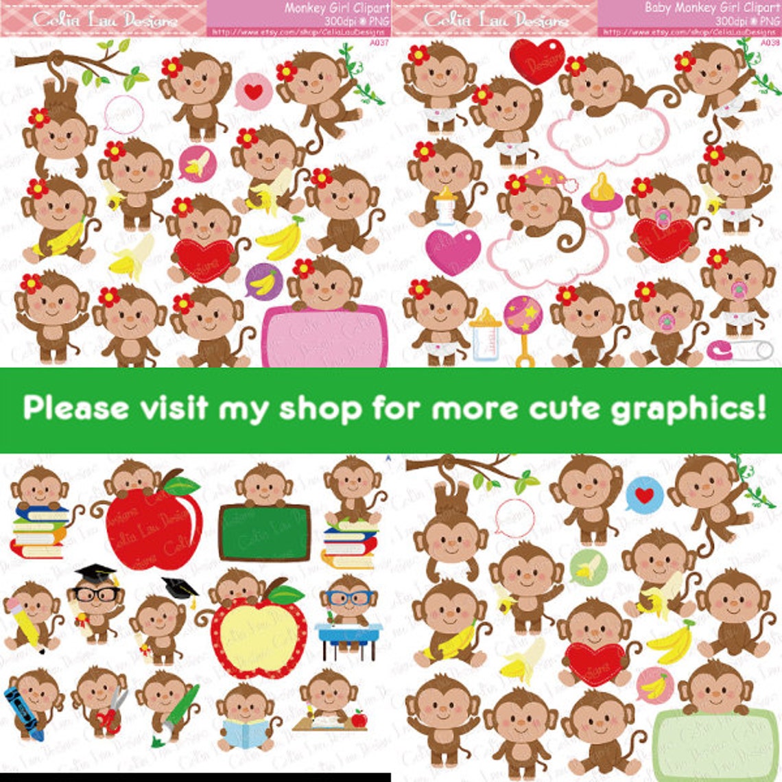School Monkey Girl Clipart Cute Back to School Monkey Girl - Etsy