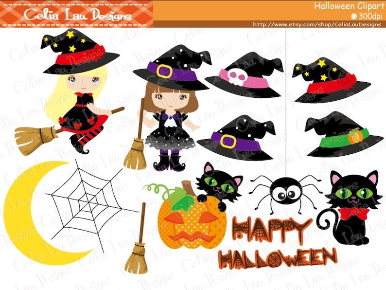 Witch Clipart Black Cat Clipart Happy Little Witches - Etsy