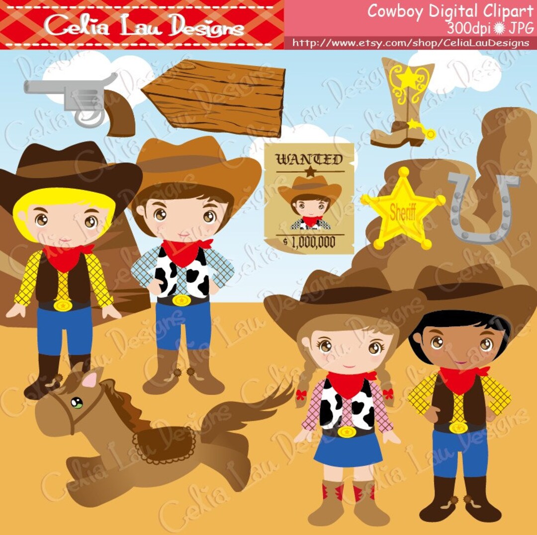 Cowboy Clip Art / Cute Cowboys Clipart and Digital Paper Background ...