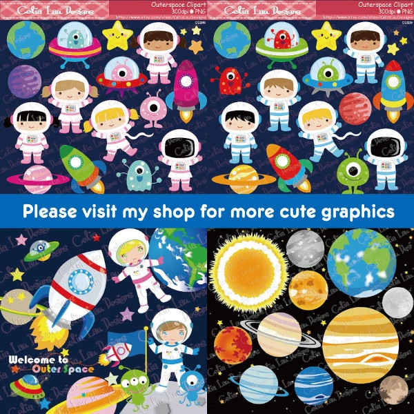 Outer Space Clipart Girl Astronauts Rockets Aliens | Etsy