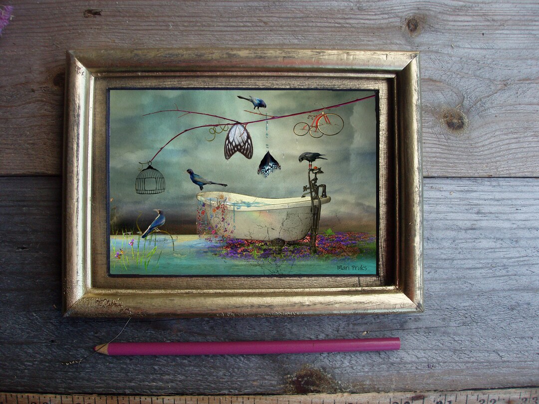 Bird Bath/ 6x4/ Framed/ Small Art/mixed Media/digital Art/ Fine Art ...