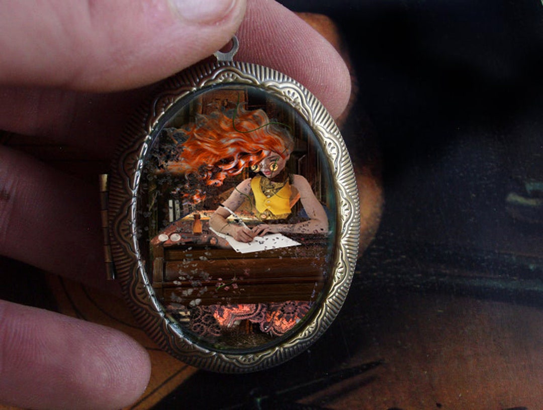 Lady Writing Locket/ Oval Locket/rustic Old Locket/typewriter ...