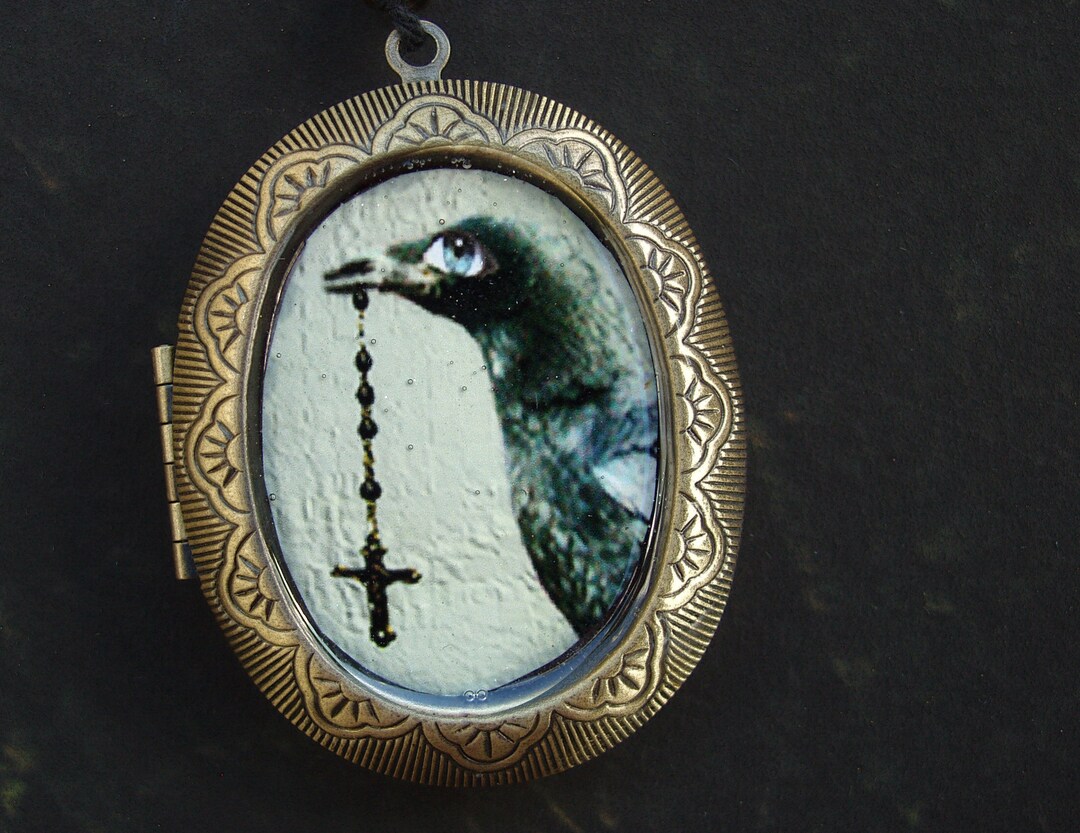 Black Bird Locket/ Oval Rustic Locket/ Bird With Gross Jewlery/ Bird ...