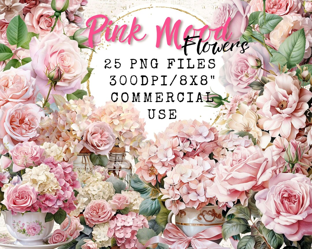 25 Romantic Flowers Clipart Bundle, Pink Mood Flowers Clipart Png and 3 ...
