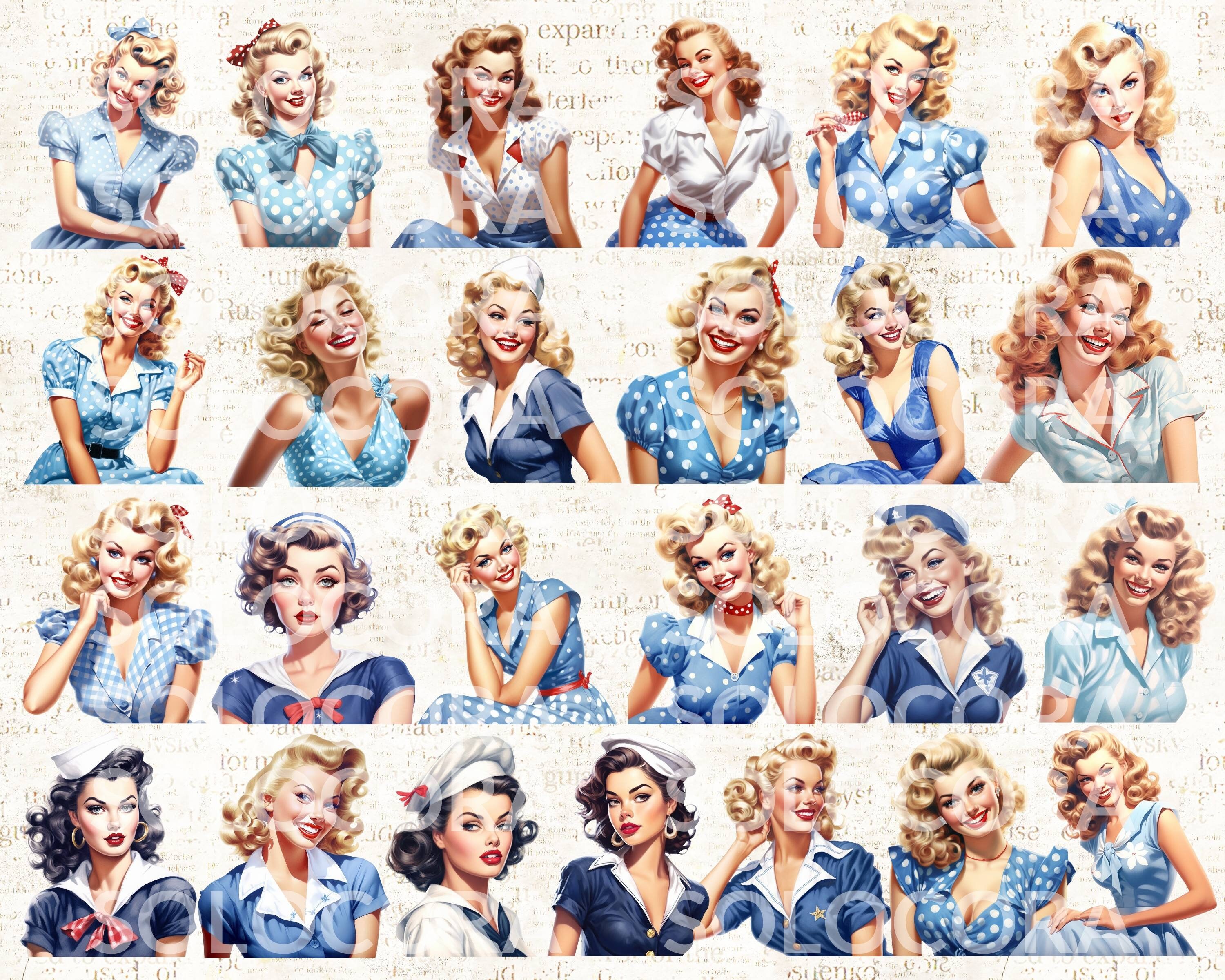 25 Vintage Retro Pin-up Girls Blue American Pin-up Girls Digital ...