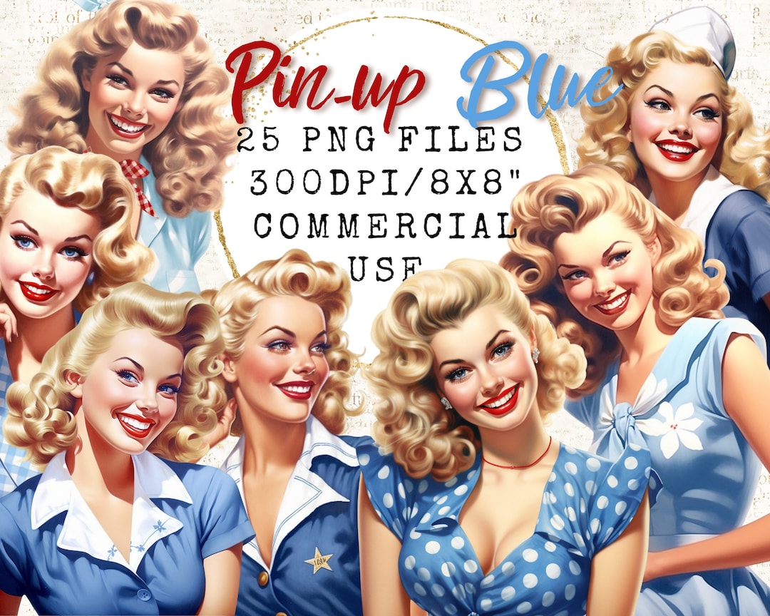 25 Vintage Retro Pin-up Girls Blue American Pin-up Girls Digital ...