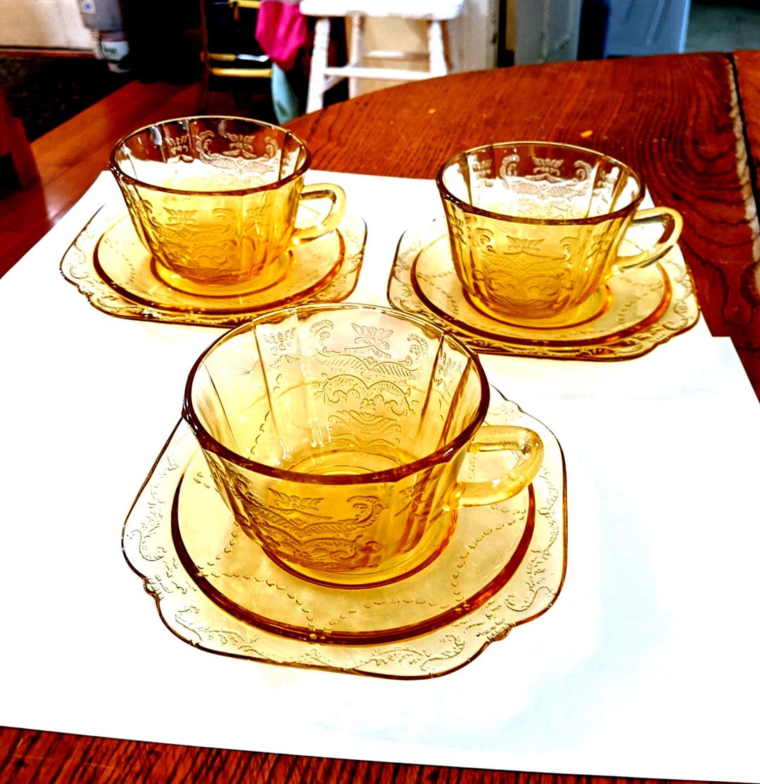 3 Sets, 1932-39 Amber Federal Glass MADRID 2-3/8" Cups and 5-3/4 ...