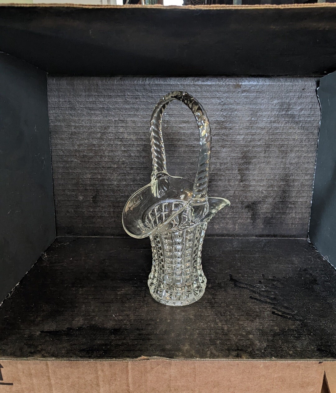 Imperial Glass MONTICELLO Waffle Block Crystal 9-7/8" Basket Twisted ...