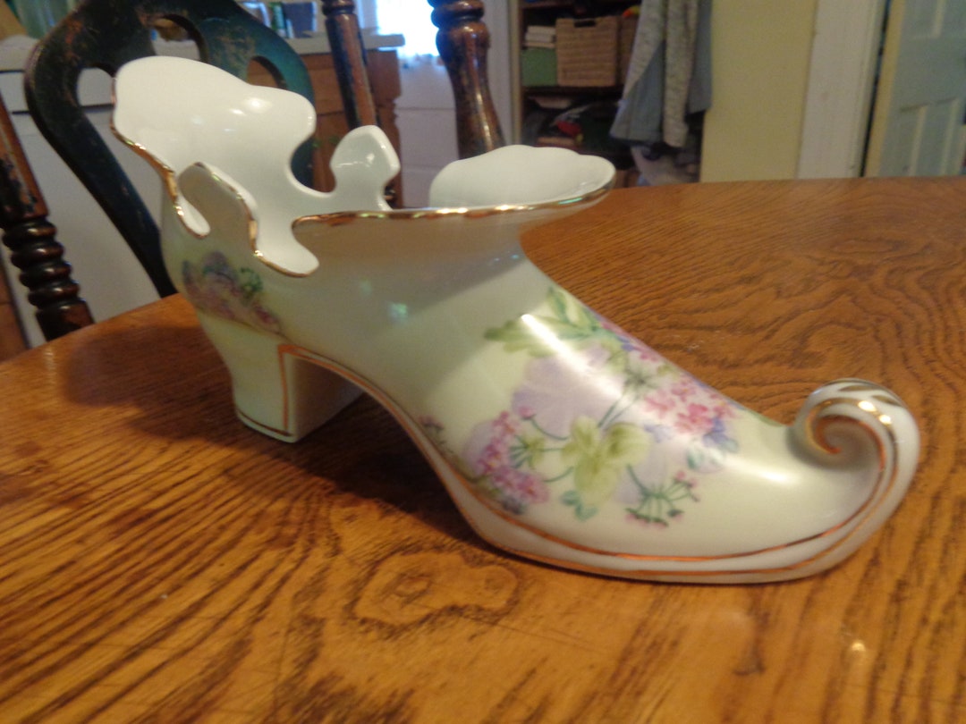 Opaque China Shoe, Whimsey. Pink Flowers and Greenery. Gold Stripe ...