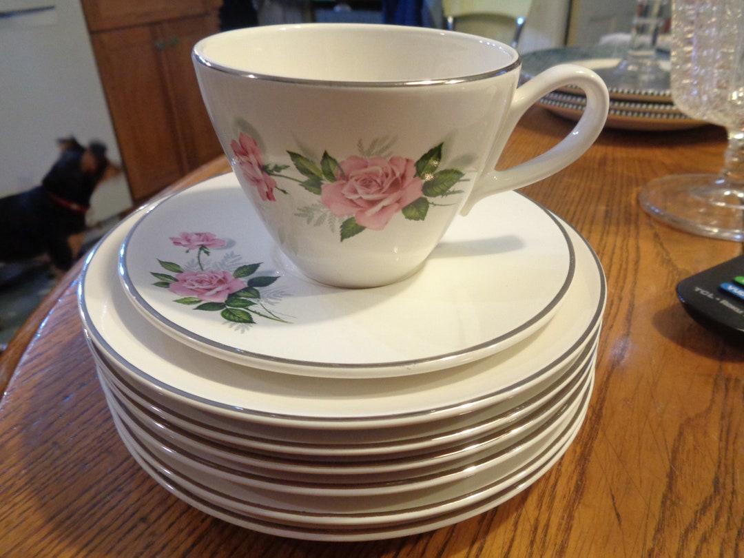 8 Pcs. Mid-century China, Pink Roses Pattern Dishes. Six 6-5/8" Bread ...