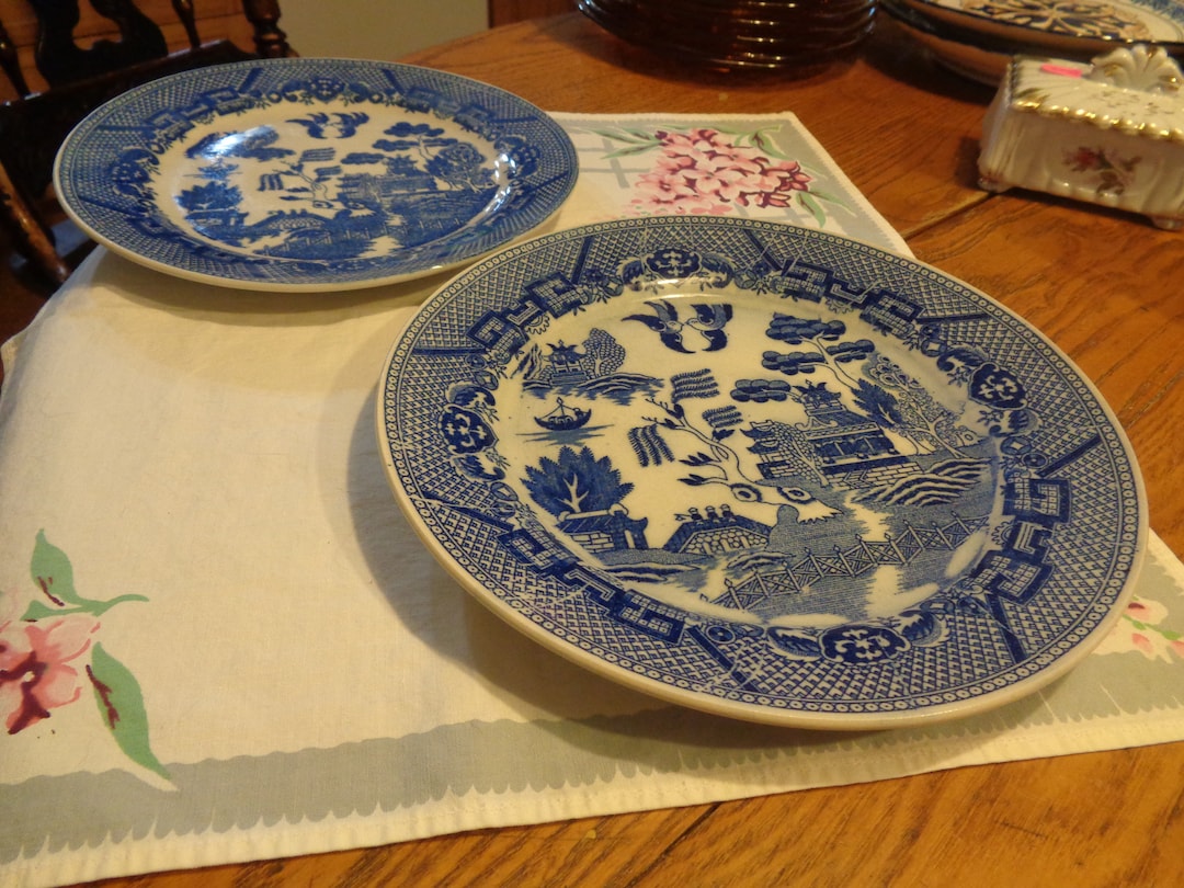 Two Different, Mid-century Blue Willow Plates, "japan" Back Stamps. 9-3 ...