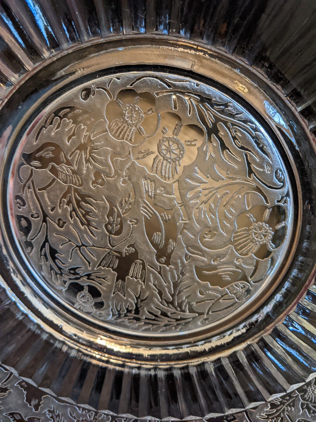 1990's Sandwich Tray Frosted Acid-etched Oak Leaves and Birds. 13-1/2 ...
