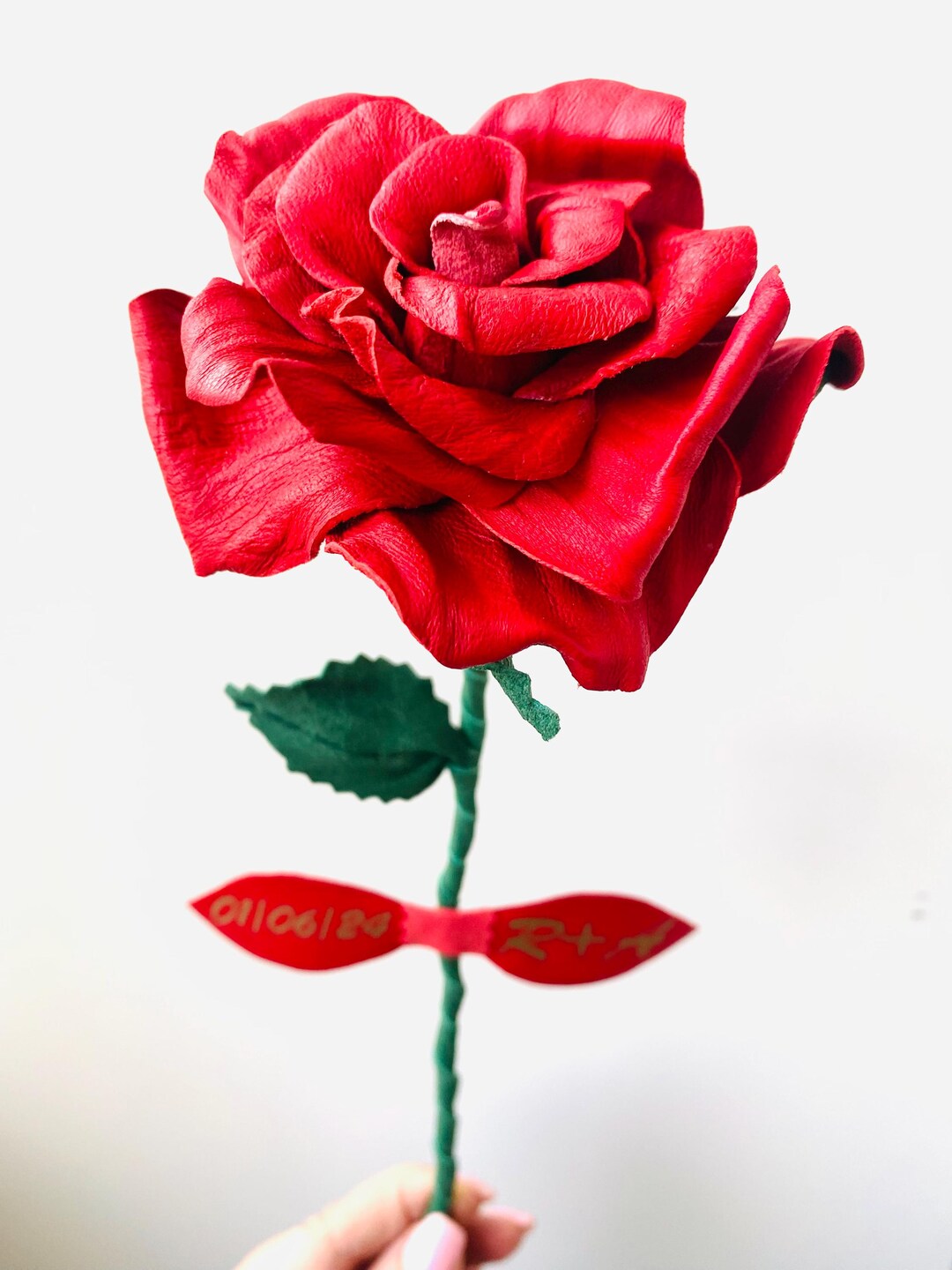 Leather Rose With Date and Initial, Red Leather Rose on Long Steam, 3rd ...