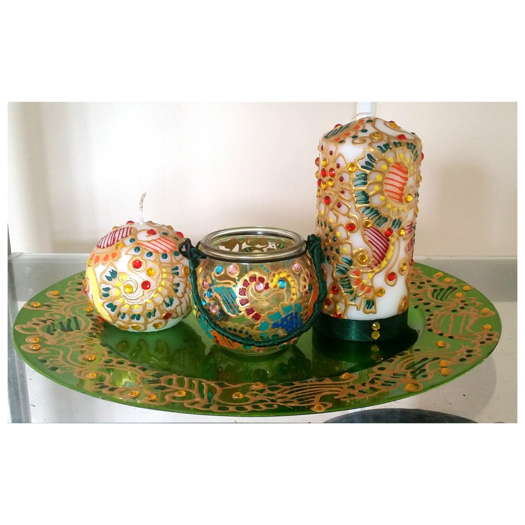 Mehndi Candle Set Thaal-has Matching Pot With Thaalislamic - Etsy