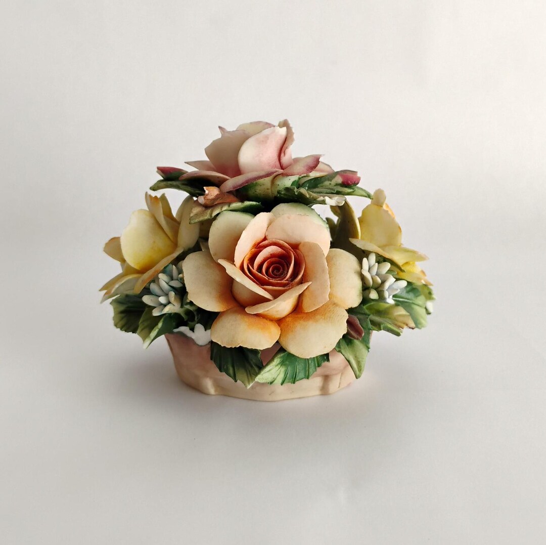 Antique Italy Capodimonte Flower Basket Multicolor Roses Porcelain ...