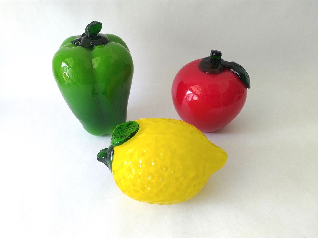 3 Hand Blown Art Glass Vegetables Lemon Glass Figurine Glass Apple ...