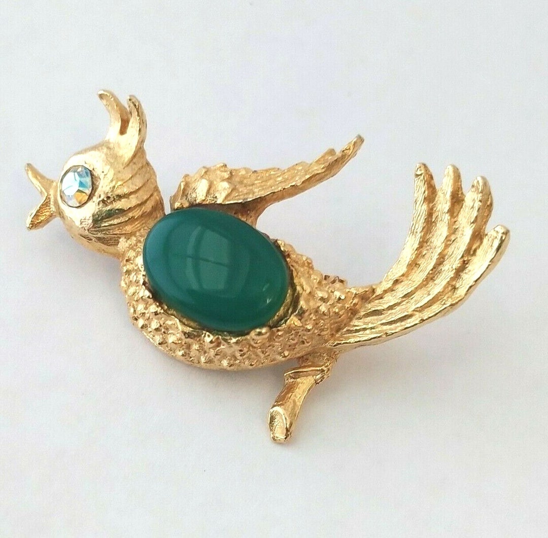Jade Jelly Belly Bird Brooch, Gold Plated AB Crystal Bird Brooch, Jade ...