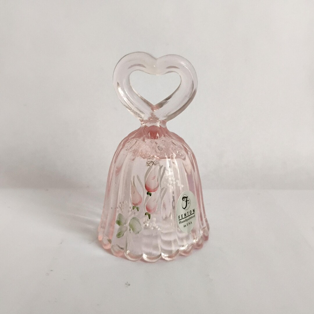 Fenton Pink Glass Bell Heart Handle Hand Painted R Delmart Fenton ...