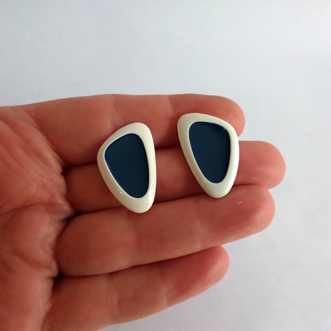 HEAVY White and Navy Blue Enamel Stud Earrings, Stud Earrings for Women ...
