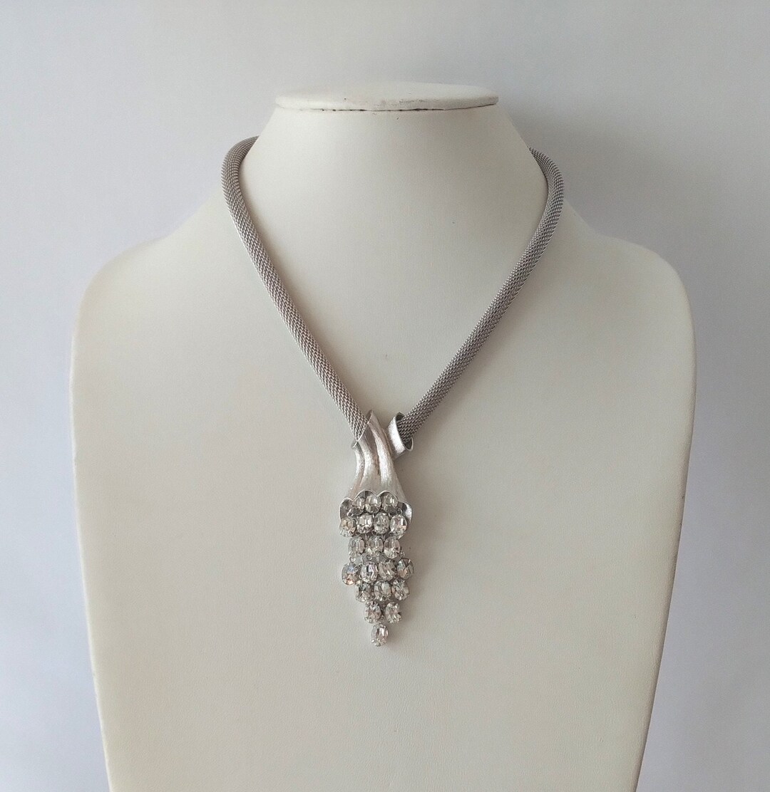 Silver Mesh Snake Chain Crystal Waterfall Tassel Dangle Pendant ...