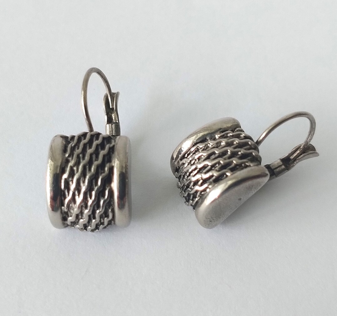 Woven Silver Lever Back Earrings, Cross Hatch Silver Earrings, Silver ...