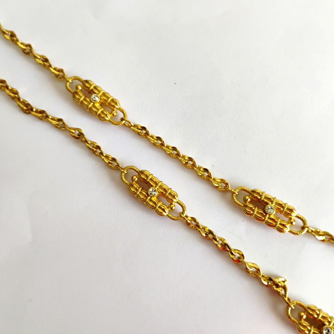 Chunky Gold Plate Rhinestone Stationed Link Bead Necklace, Hammered ...