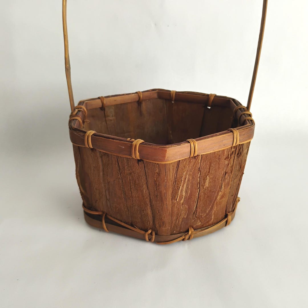 Rustic Tree Bark Basket With Handle, Handmade Tree Bark and Bamboo ...