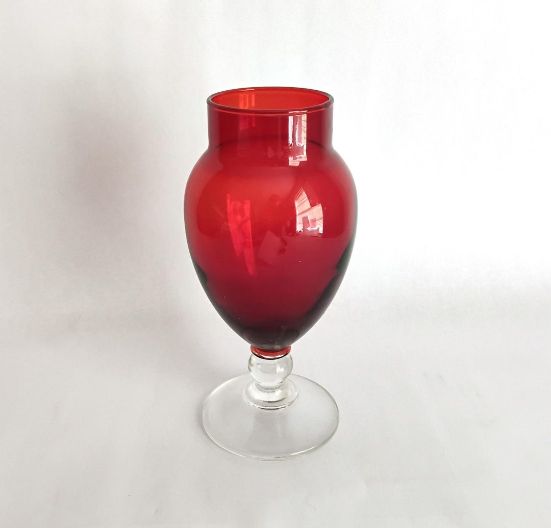 Hand Blown Red Glass Pedestal Vase 6.5 Inch, Tabletop Red Glass Vase ...
