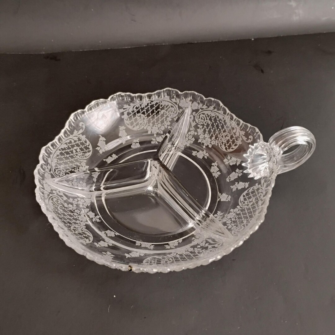 Antique Etched Crystal Nappy Dish With Handle, Etched Lace Pattern ...