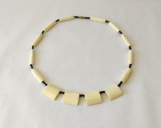 1960s Bone Bead Necklace, Bone Panel Beads Black Glass Bead Collar ...