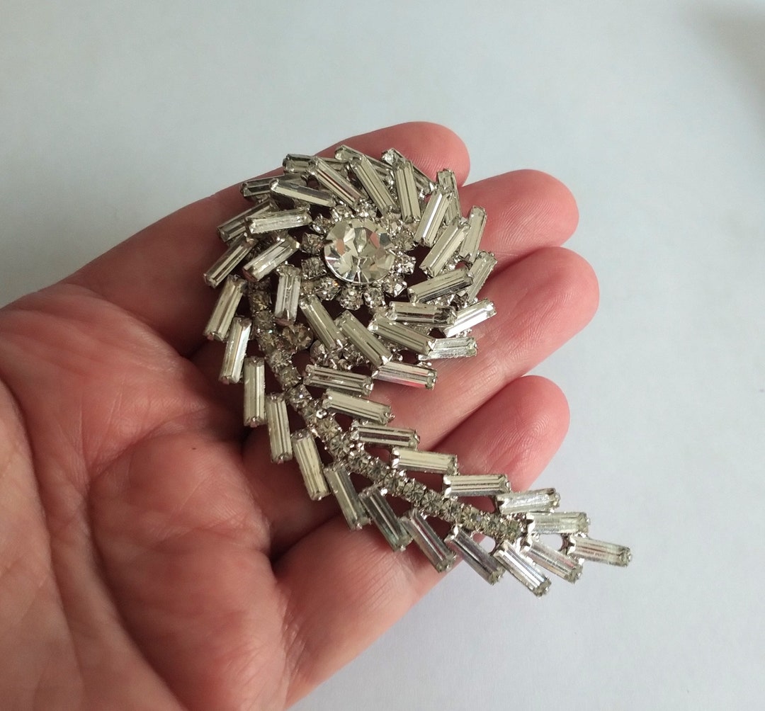 Huge Pave Rhinestone Statement Brooch, Silver Pinwheel Baguette ...