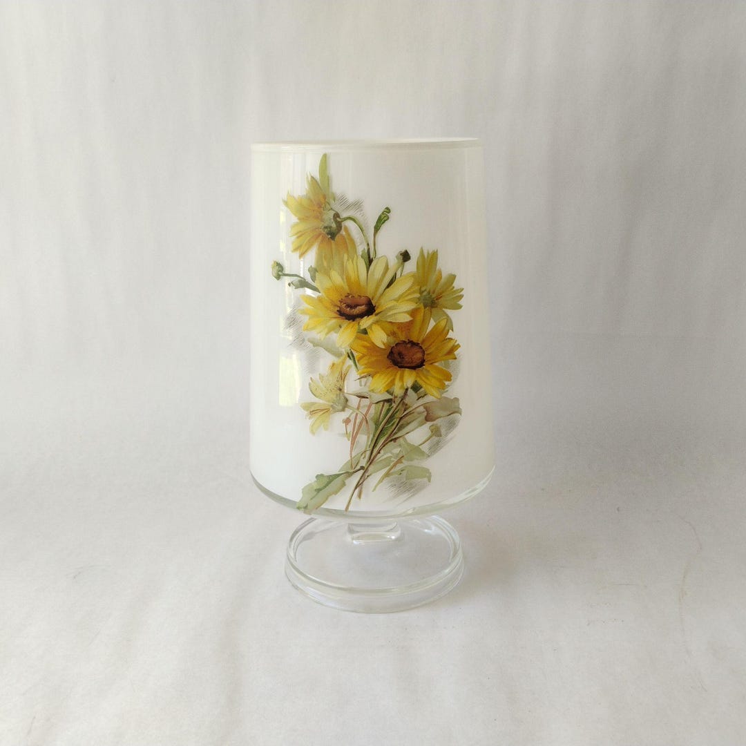 Hand Painted Sunflower Pedestal Glass Vase, White Yellow Floral Glass ...