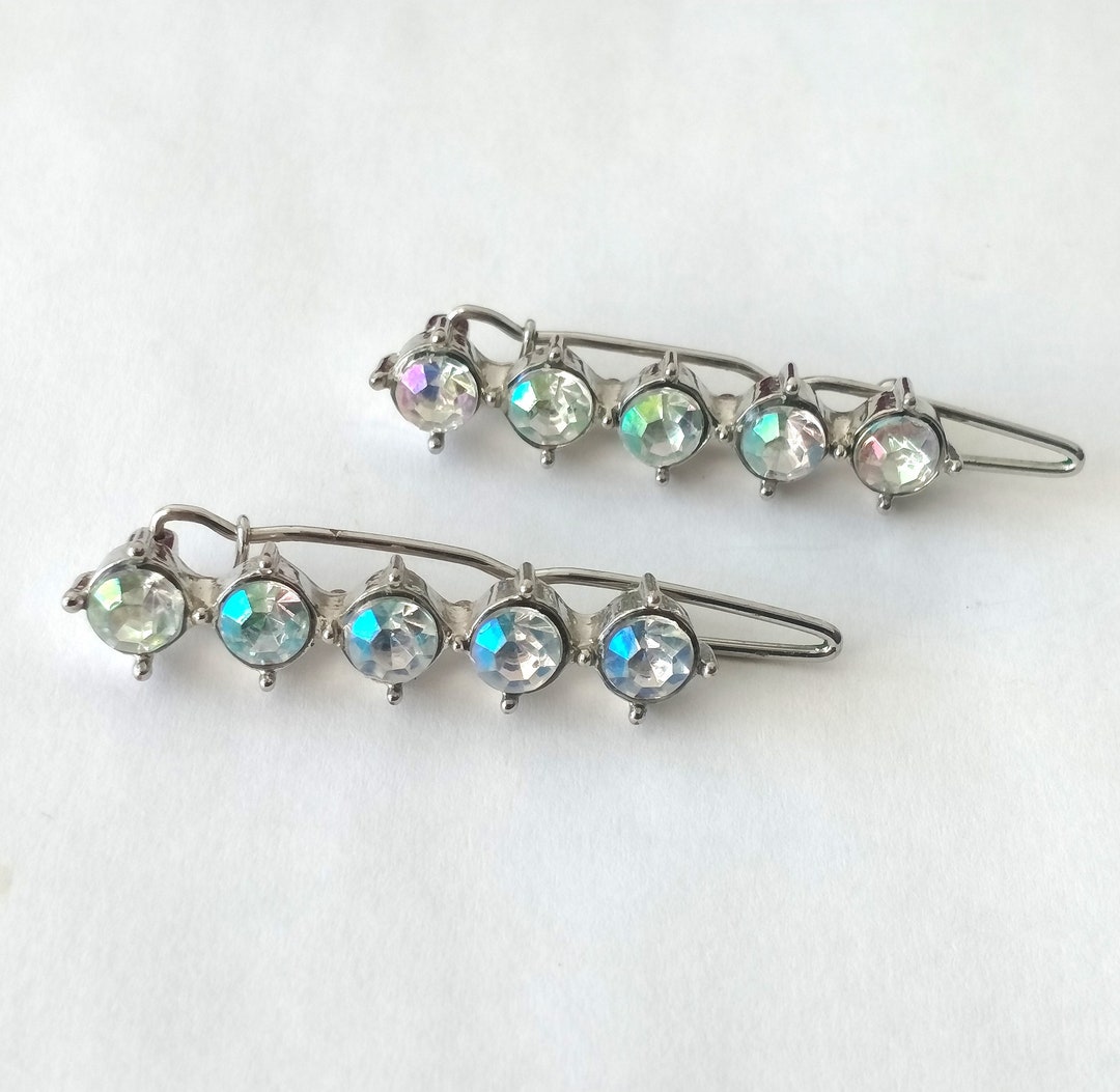 2 Vintage Silver Faux AB Crystal Hair Barrettes Rainbow Hair Clip ...