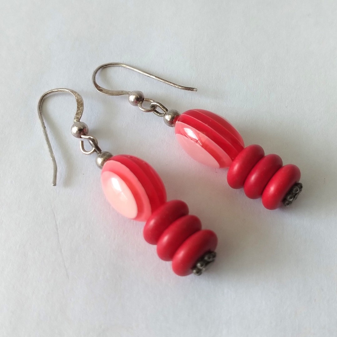 Vintage Pink and Red Strip Lucite and Red Stone Dangle Earrings ...