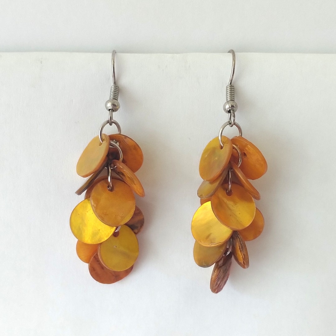 Vintage Gold Yellow Mussel Seashell Disc Cluster Chandelier Earrings - Etsy