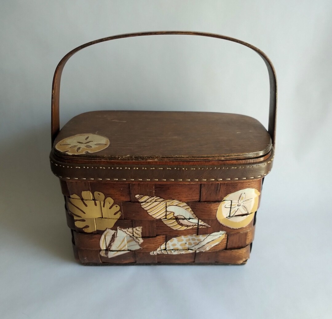 Woven Wooden Seashell Handbag Hinged Basket Purse, Top Handle Box Purse ...