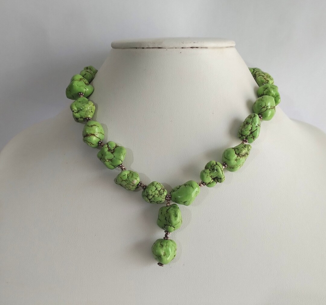 Lime Green Stone Nugget Bead Necklace, Large Magnesite Green Apple ...