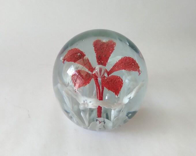 Murano Art Glass Paperweight, Red Flower Control Bubble Art Glass ...