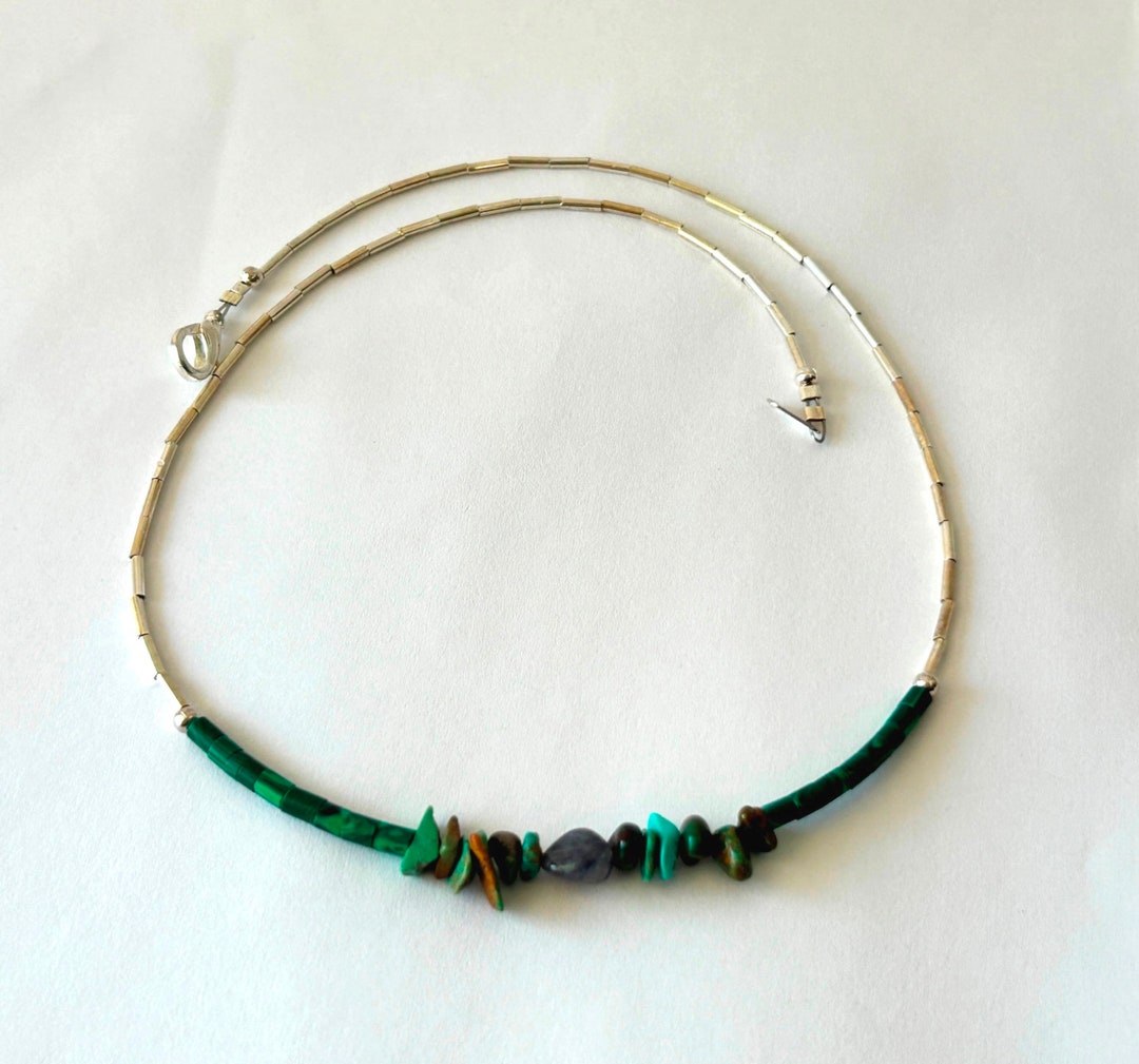 Turquoise Malachite Stone Silver Tube Bead Choker Necklace, Southwest ...
