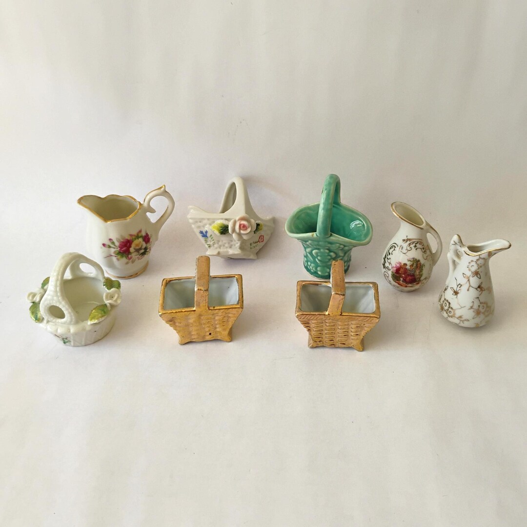 Lot of 8 Japan Miniature Porcelain Pitchers and Porcelain Mini Baskets ...