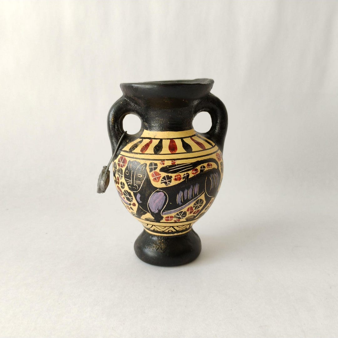 Greek Art Pottery Museum Copy Small Vase Hand Painted Cat and Bird ...