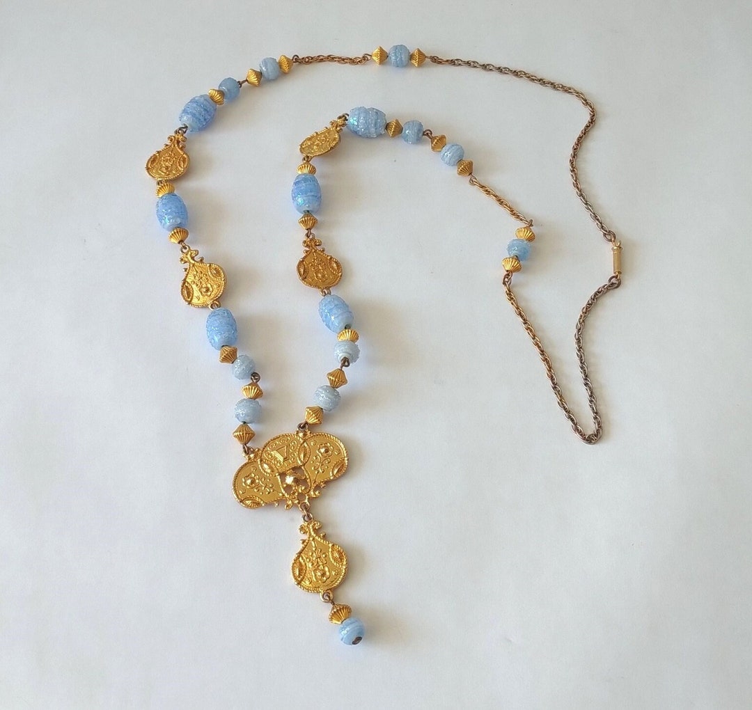 Tortolani Crislu Gold Tone Blue Art Glass Bead Pendant Necklace, Vintage Tortolani Necklace ...
