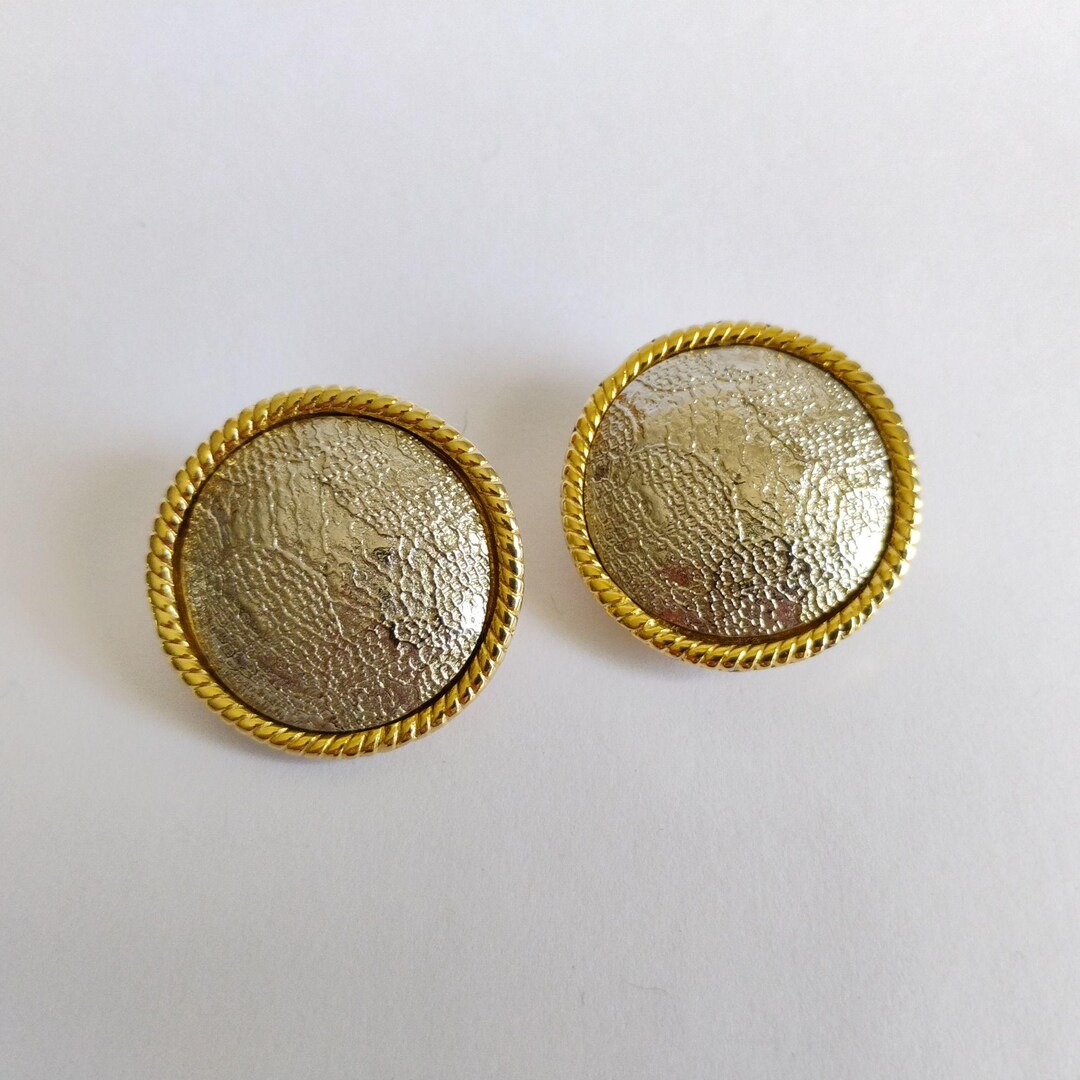 Vintage Ultra Craft Textured Silver Gold Rope Button Clip on Earrings ...