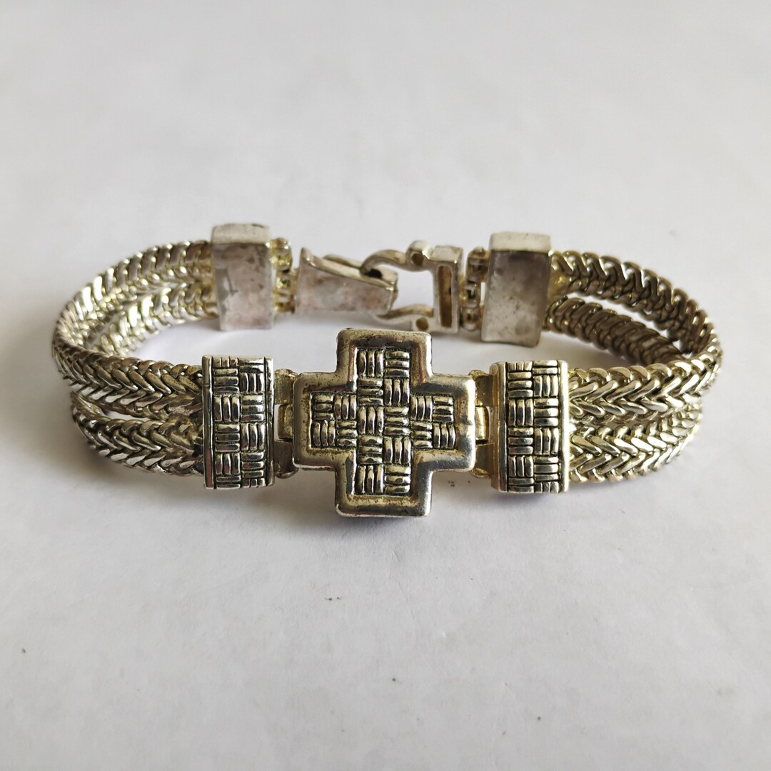 Silver Tone Hinged Cross Double Foxtail Chain Link Bracelet 73.30gr ...